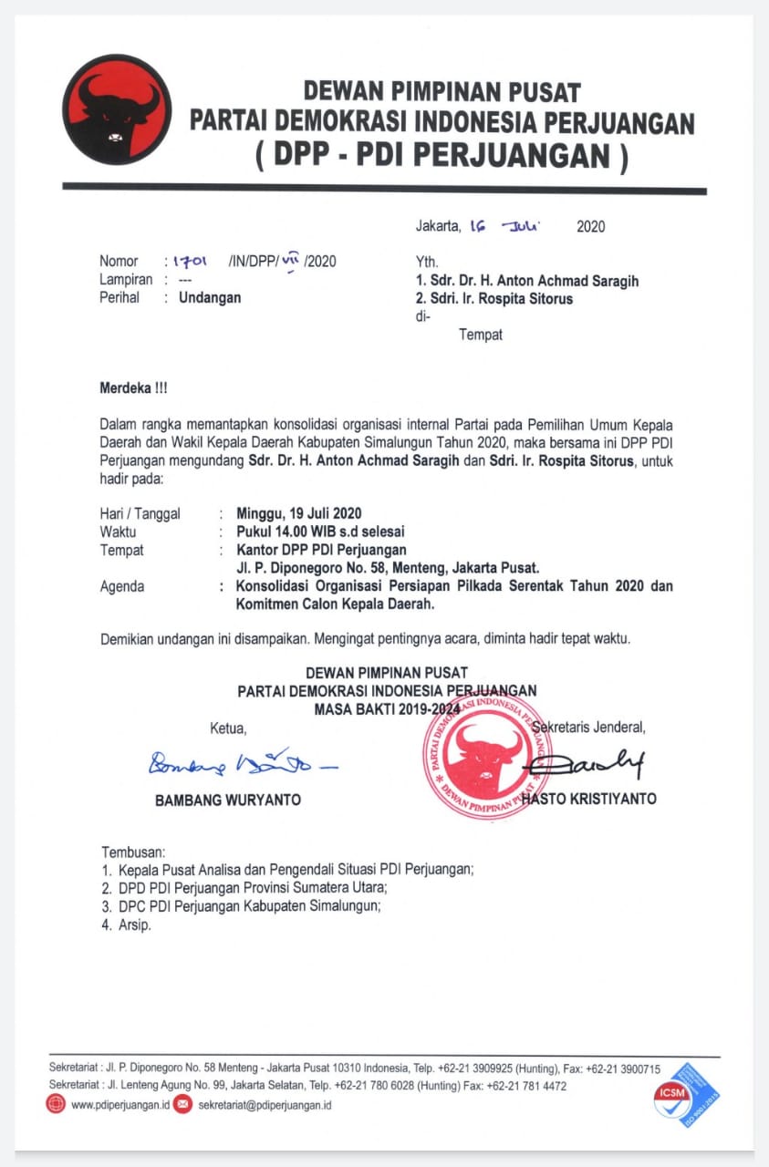 Beredar Undangan Konsolidasi PDI Perjuangan Untuk Anton Saragih-Rospita ...